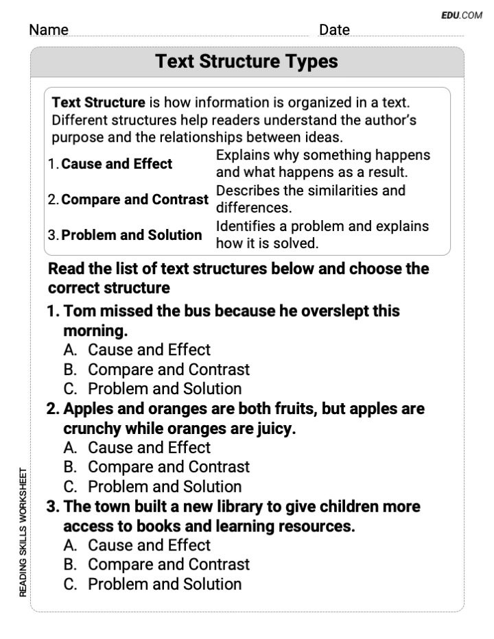 Learn Text Structure Types with Grade 5 Printable Worksheet | EDU.COM